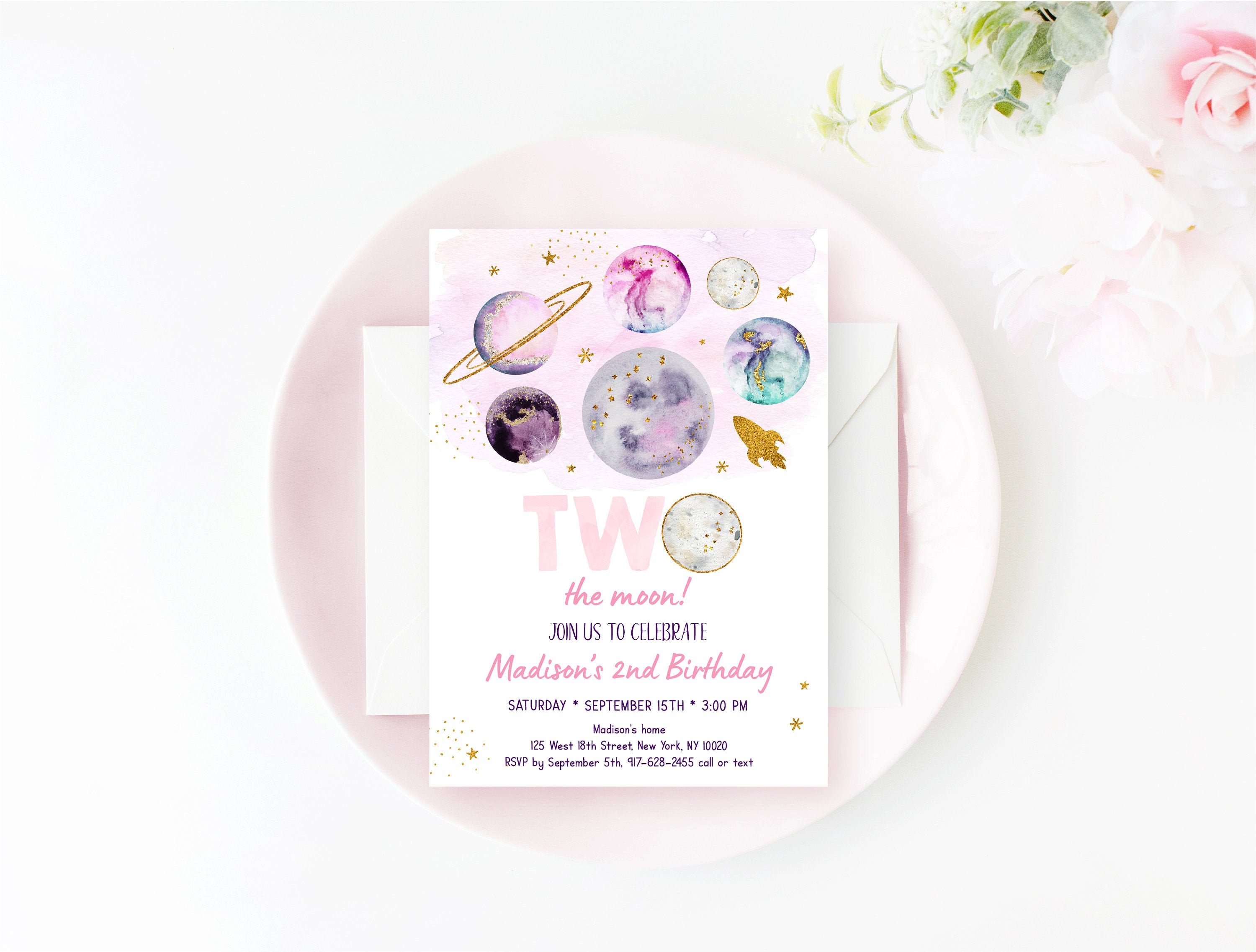 Editable Two The Moon Space Birthday Invitation Pink Gold Girl | Etsy