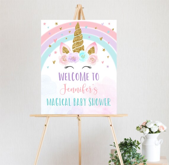 Editable Unicorn Baby Shower Welcome Sign Pastel Rainbow Unicorn Pink ...