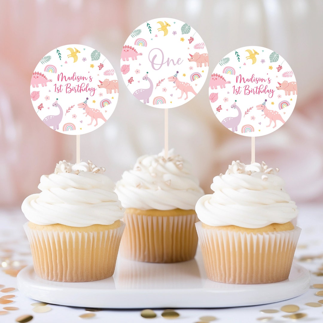 Editable Pink Dinosaur Cupcake Topper, Boho Dinosaur Birthday, Girl ...