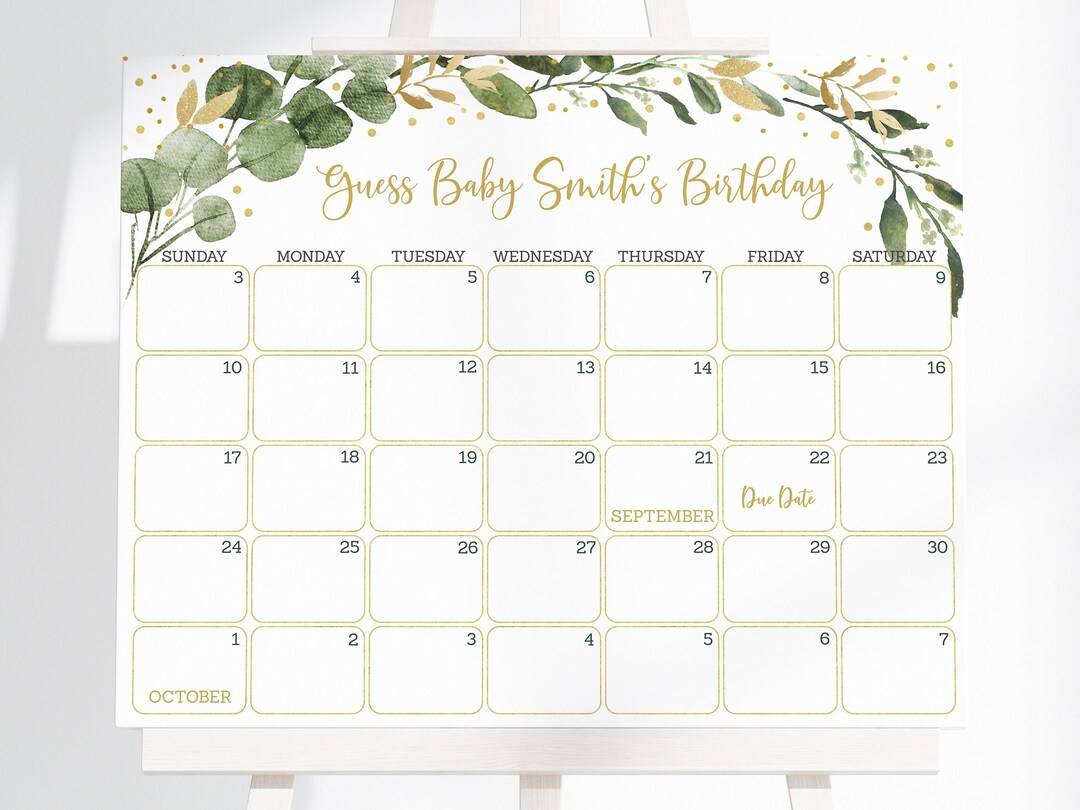 Editable Greenery Gold Baby Due Date Calendar Game Eucalyptus - Etsy