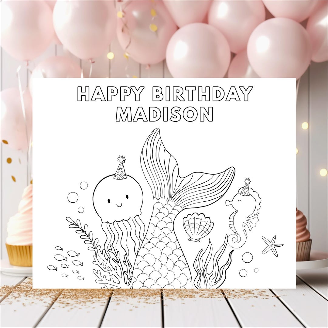 Mermaid Birthday Coloring Page, Under the Sea Mermaid Party, Birthday ...