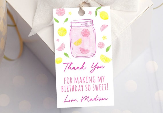 Editable Pink Lemonade Birthday Tag Favor Tag Thank You Tag Pink ...