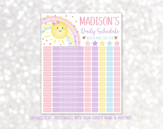Editable Home School Schedule Sunshine Rainbow Girls Daily | Etsy