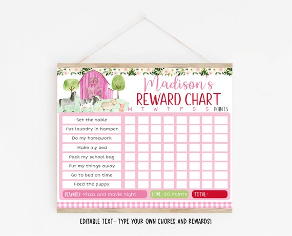 EDITABLE Pink Farm Reward Chart, Chore Chart, Behavior Chart, Girl Farm ...