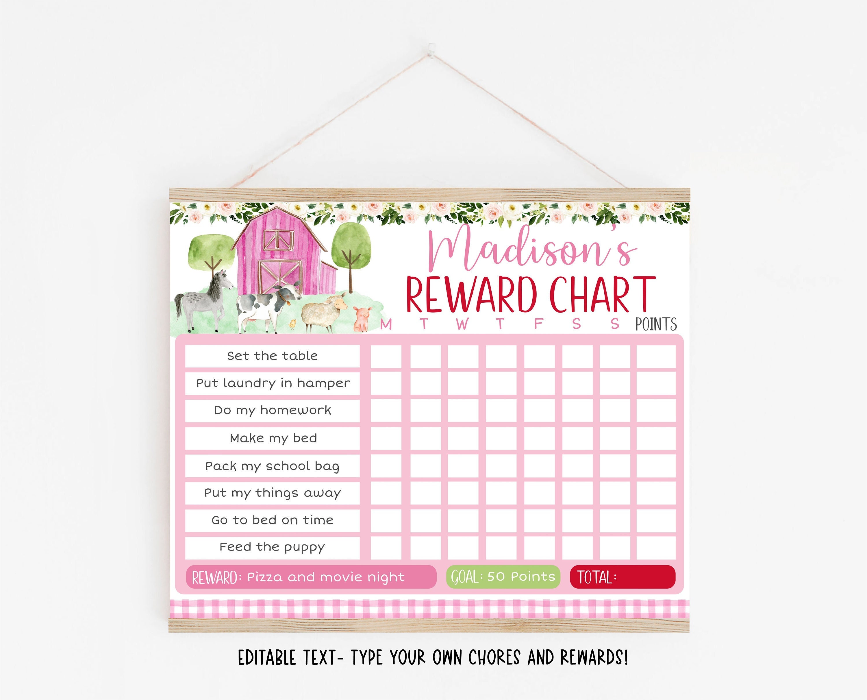 EDITABLE Pink Farm Reward Chart, Chore Chart, Behavior Chart, Girl Farm ...