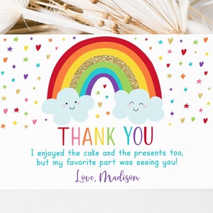Editable Rainbow Birthday Thank You Card Girls Rainbow Party Gold ...