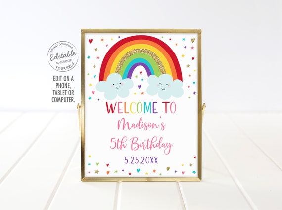 EDITABLE Rainbow Welcome Sign Rainbow Birthday Girls Rainbow Party Gold ...