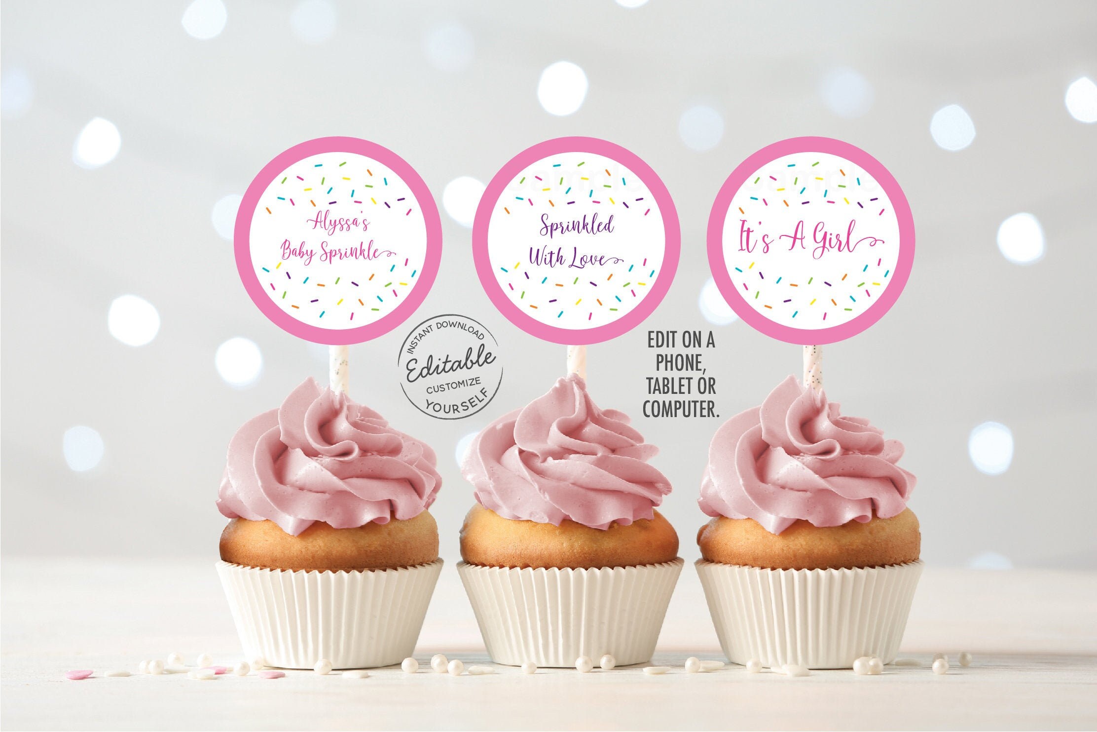 EDITABLE Baby Sprinkle Cupcake Toppers Pink Baby Sprinkle Baby | Etsy