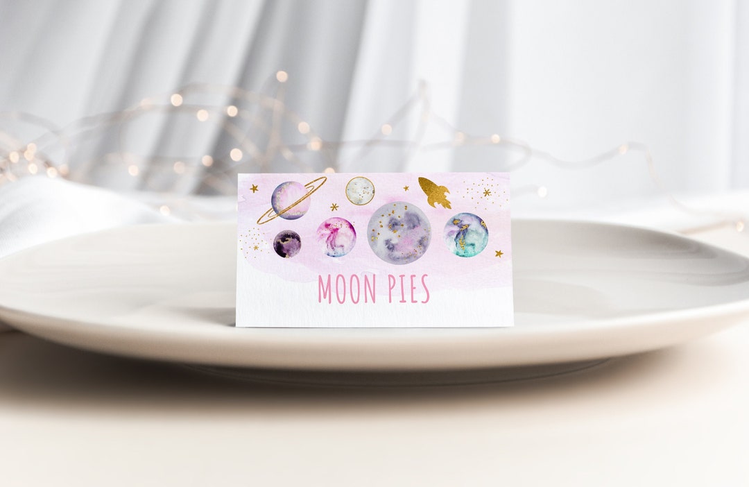 Editable Galaxy Birthday Tent Cards Food Labels Place Cards Pink Gold ...