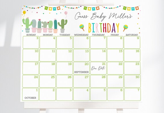 Editable Fiesta Baby Shower Due Date Calendar Cactus Succulent Coed ...
