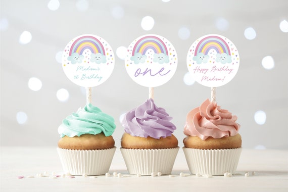 Editable Rainbow Cupcake Toppers Girls Rainbow Party Pastel Rainbow ...