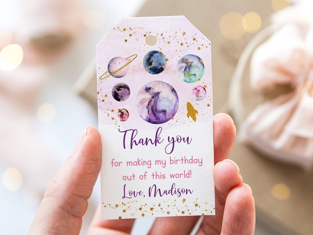 Editable Space Birthday Thank You Tags Favor Tags Pink Gold Galaxy ...