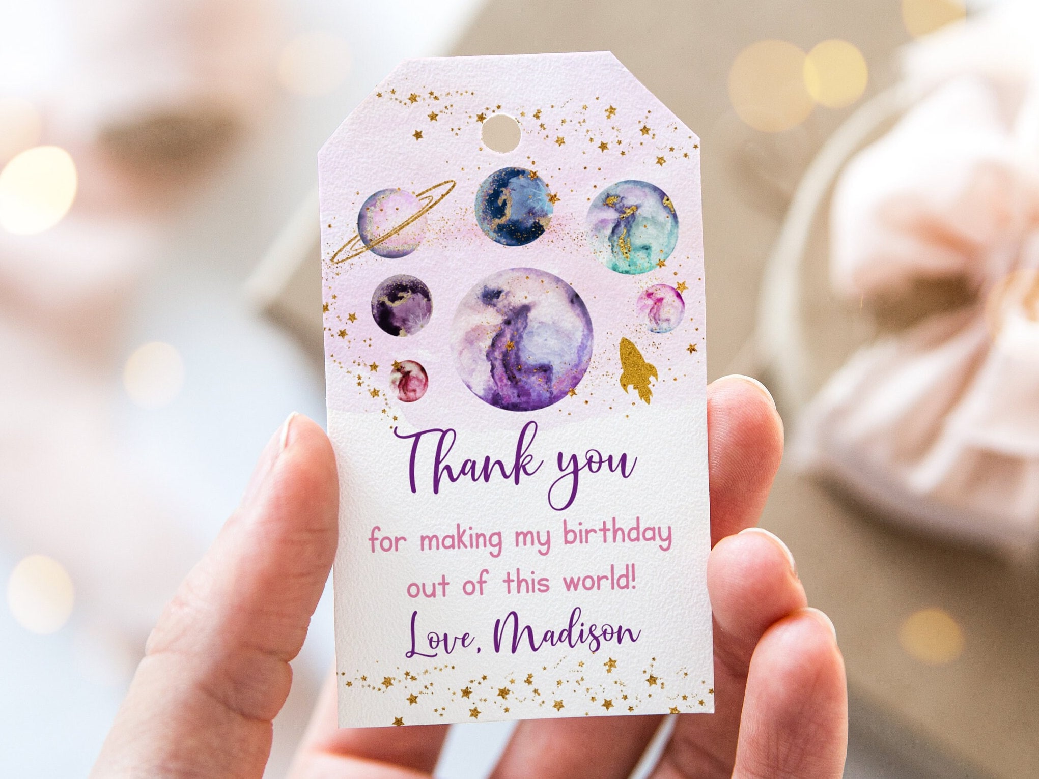 Editable Space Birthday Thank You Tags Favor Tags Pink Gold Galaxy ...