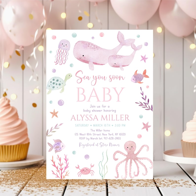 Sea You Soon Baby Shower Invitation, Pink Girl Pastel Under the Sea ...