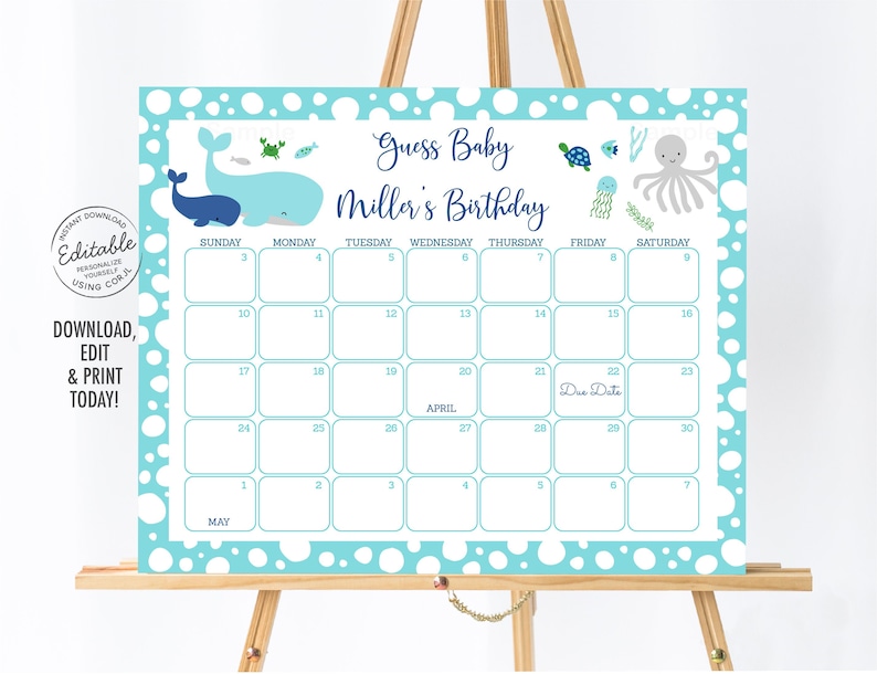 EDITABLE Under the Sea Baby Baby Due Date Calendar Game Blue | Etsy