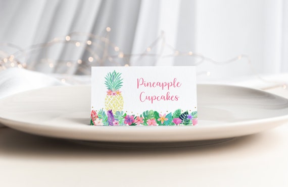 Editable Pineapple Birthday Tent Cards Food Labels Tropical Floral Gold ...