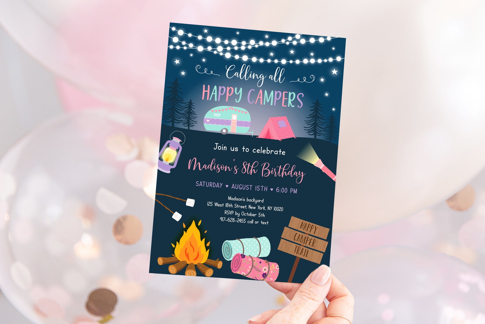 Editable Girl Camping Invitation Camping Sleepover Party Invite ...