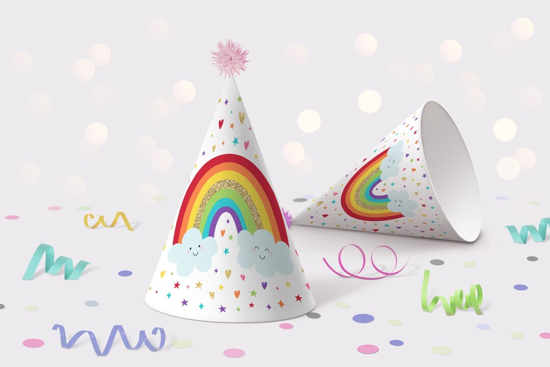 Rainbow Birthday Party Hat Girls Rainbow Party Pink Gold Rainbow Clouds ...