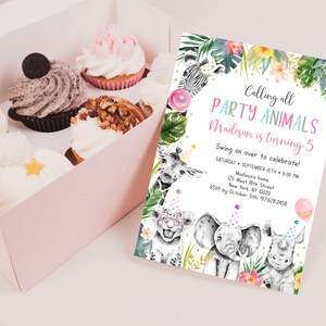 Editable Party Animals Birthday Invitation Girl Pink Gold Tropical ...