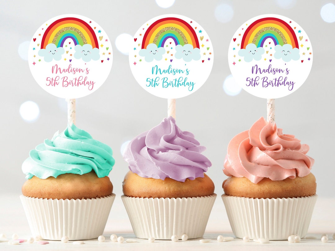 Editable Rainbow Cupcake Toppers Girls Rainbow Party Gold Rainbow ...