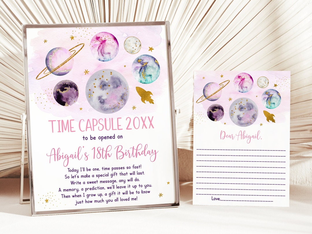 Editable Outer Space Birthday Time Capsule First Birthday Pink Gold ...