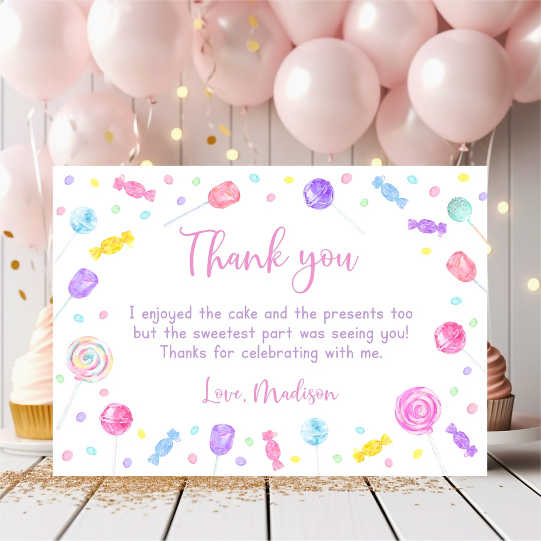 Editable Sweet One Birthday Thank You Card Candy First Birthday Sweet ...
