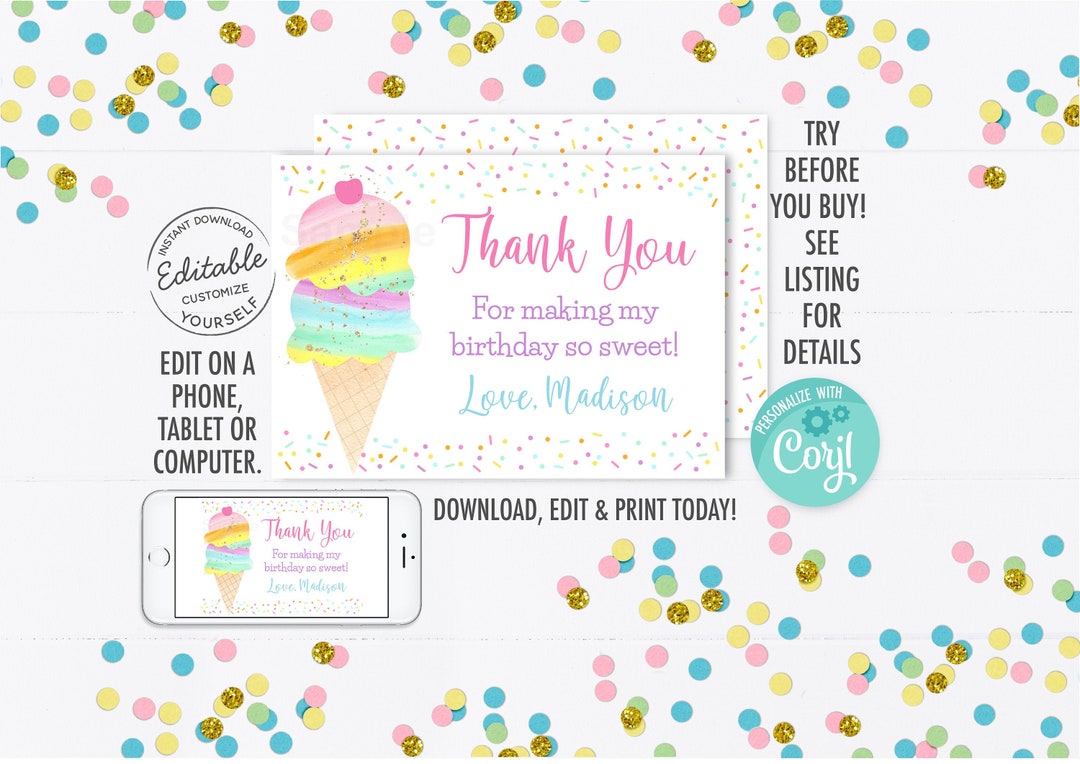 EDITABLE Ice Cream Birthday Thank You Card Ice Cream Party - Etsy