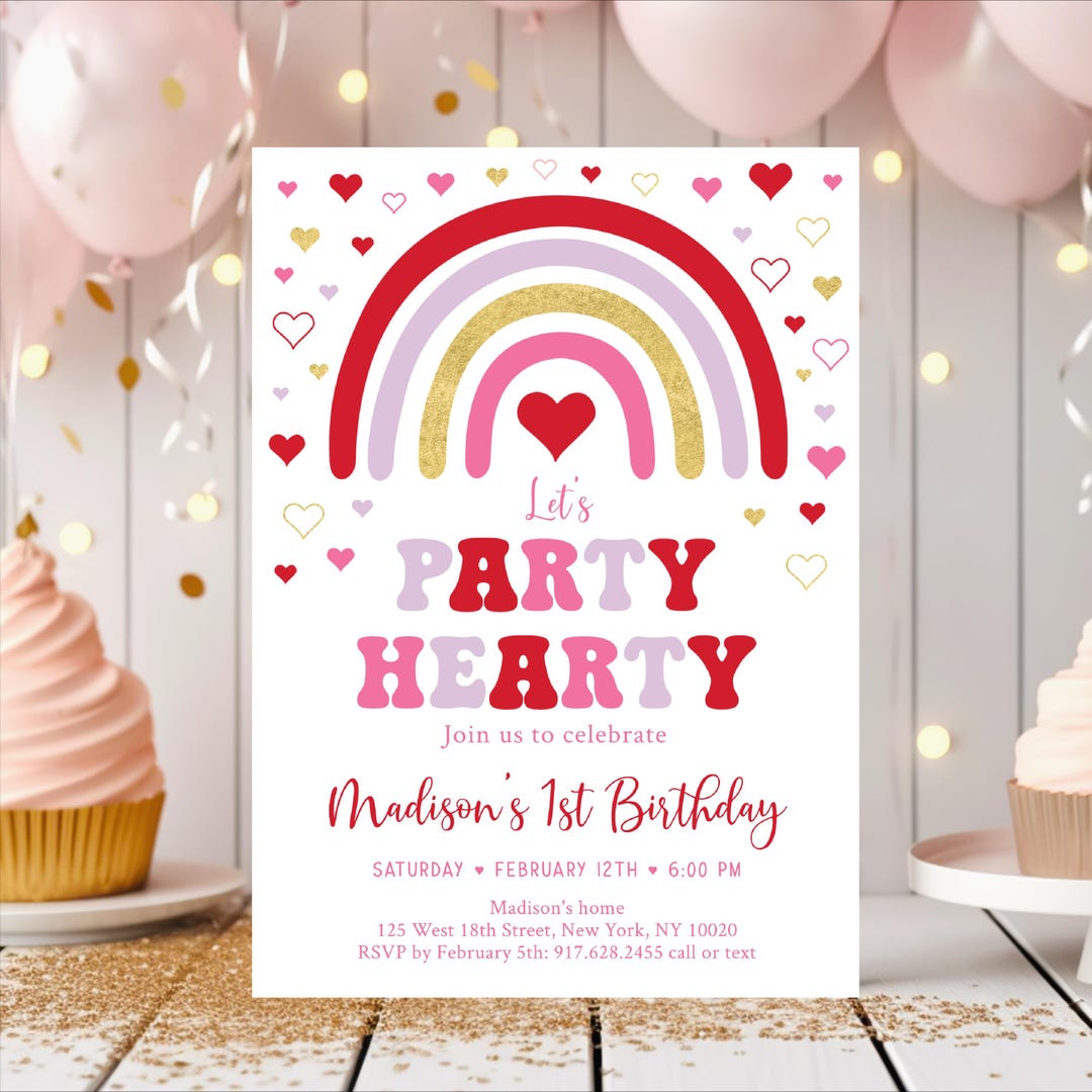Editable Rainbow Hearts Valentine Birthday Invitation Party Hearty Boho ...