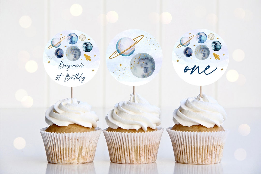 Editable Galaxy Cupcake Toppers Blue Gold Boy Galaxy Planets - Etsy