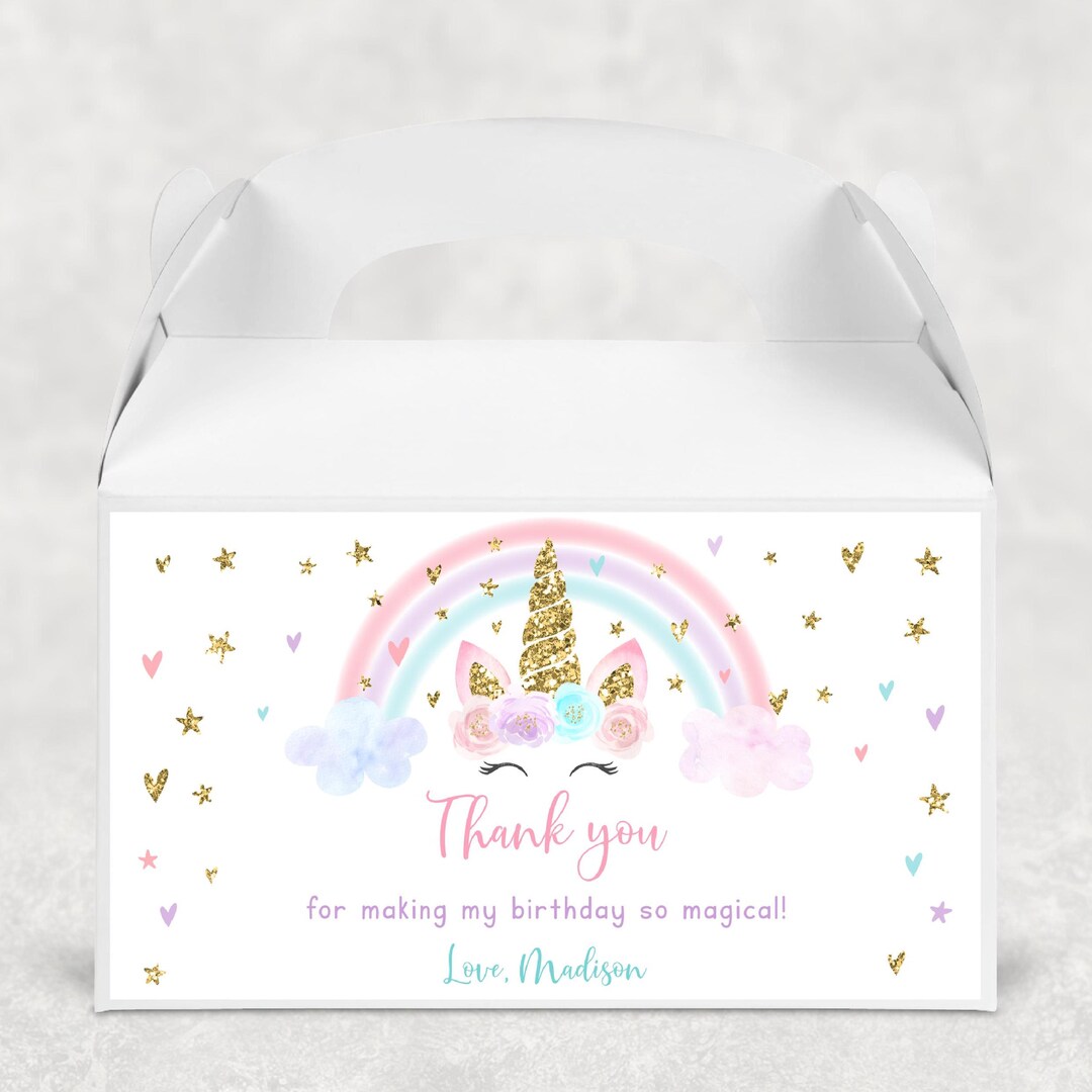Editable Unicorn Birthday Favor Box Label Gable Box Label Pink Gold ...