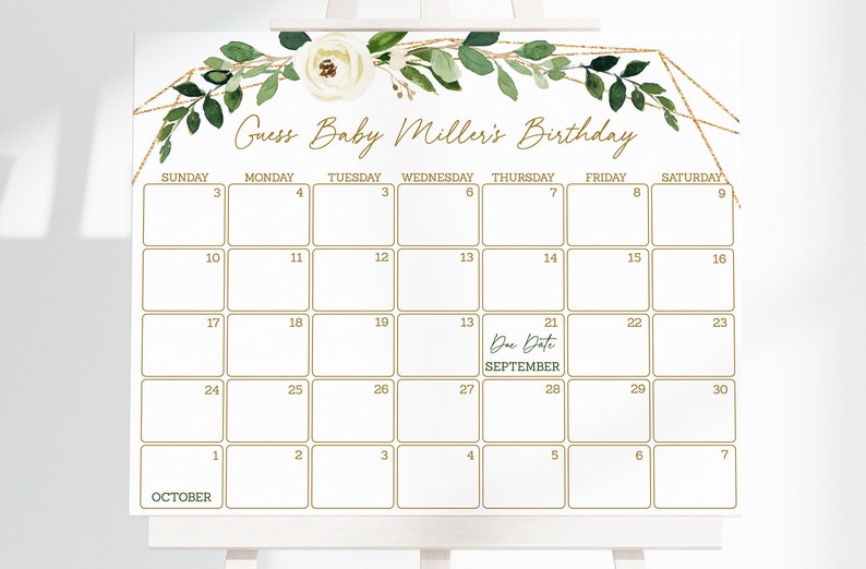 Editable Greenery Baby Due Date Calendar Birthday Predictions - Etsy