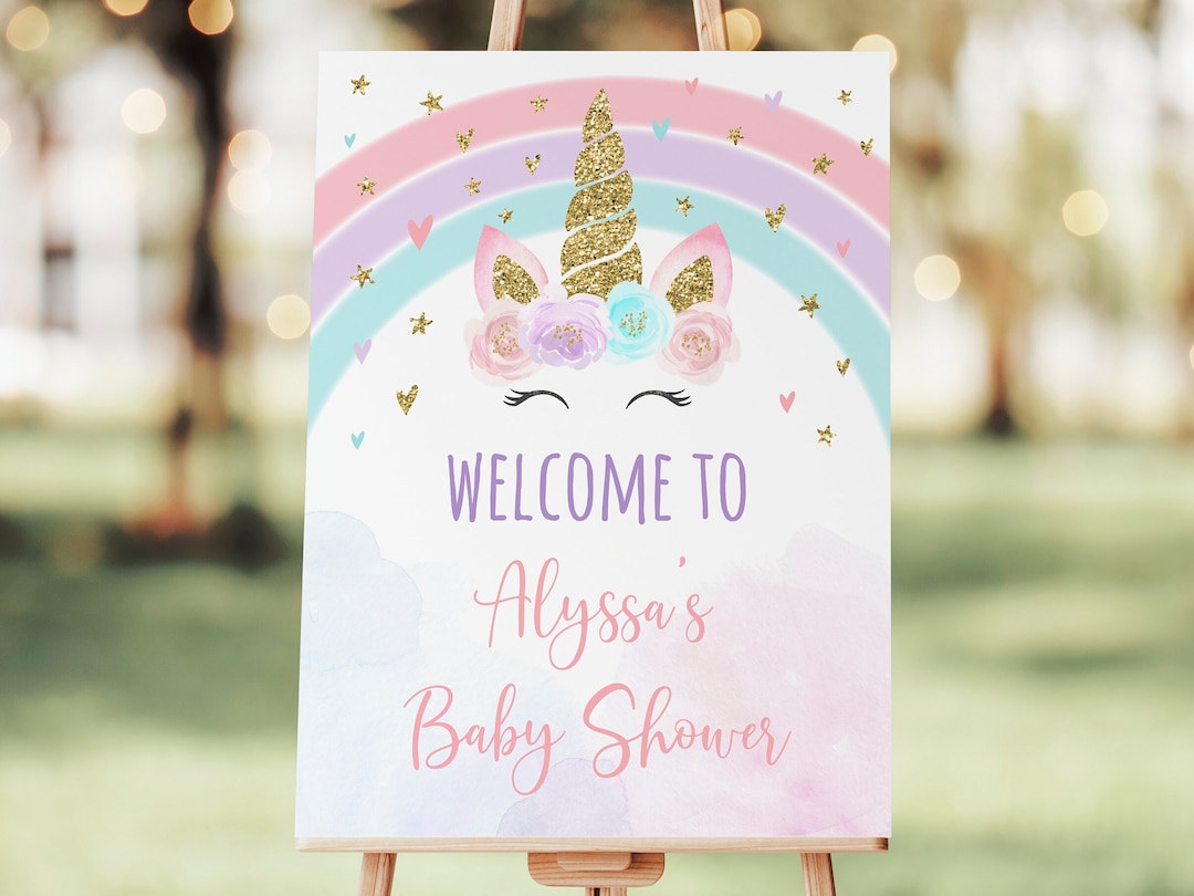 Editable Unicorn Baby Shower Welcome Sign Pastel Rainbow Unicorn Pink ...