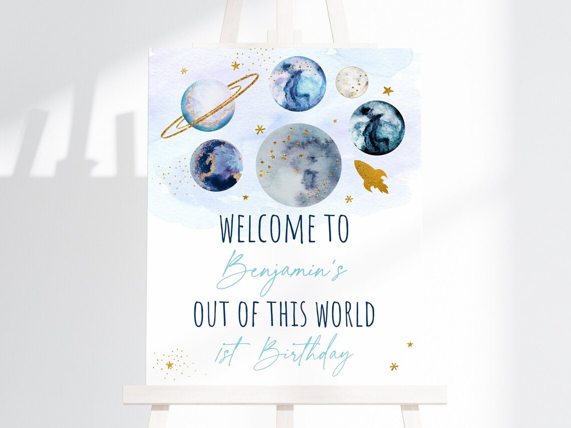 Editable Space Birthday Welcome Sign Blue Gold Galaxy Planets - Etsy