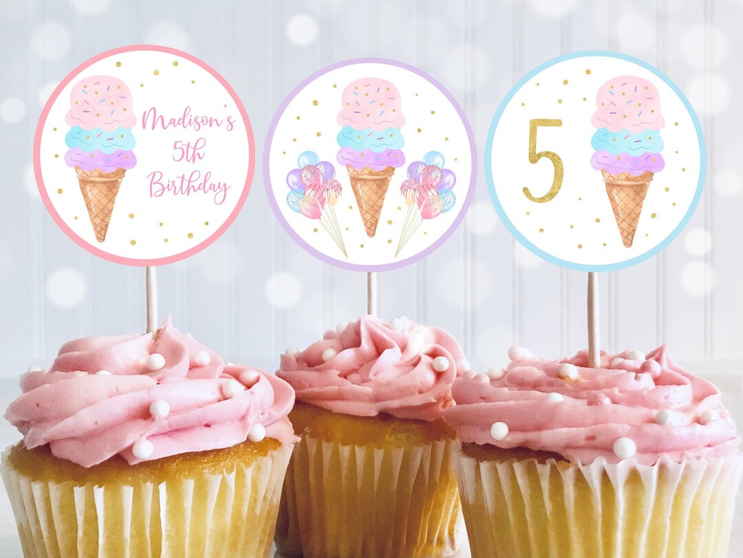 Editable Ice Cream Birthday Cupcake Topper Girl Ice Cream Party Rainbow ...