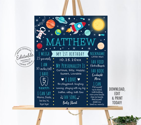 EDITABLE Space Birthday Milestone Poster 1st Birthday Milestone Outer ...