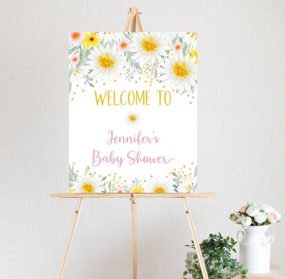 Editable Daisy Baby Shower Welcome Sign Bohemian Baby Shower Pink Daisy ...