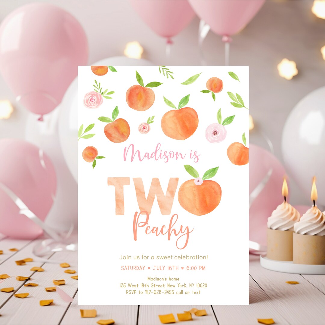 Editable Peach Birthday Invitation Two Peachy Second Birthday Invite ...