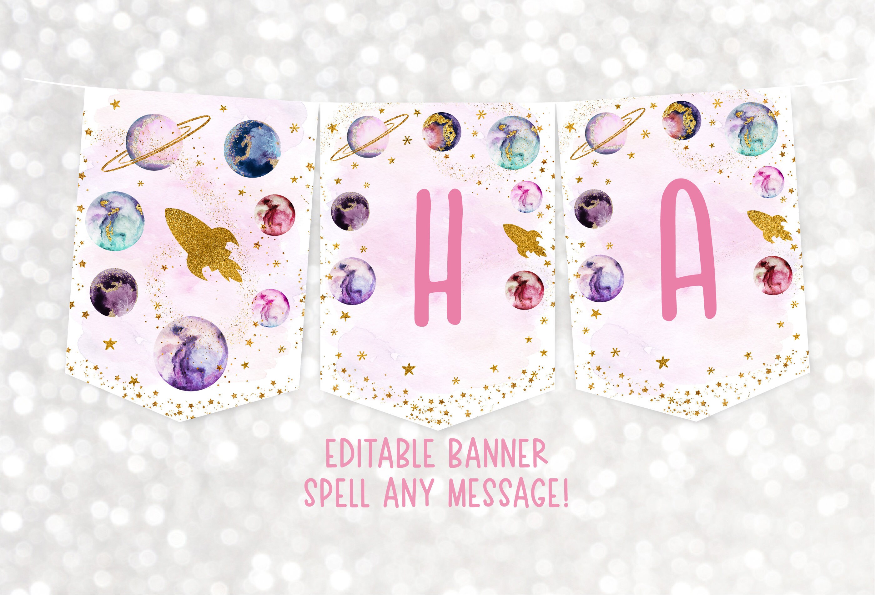 Editable Space Birthday Banner Galaxy Birthday Banner Pink | Etsy