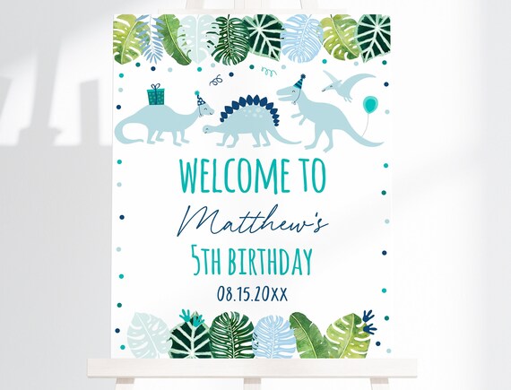 Editable Dinosaur Birthday Welcome Sign, Blue Dinosaur, Dinosaur Safari ...