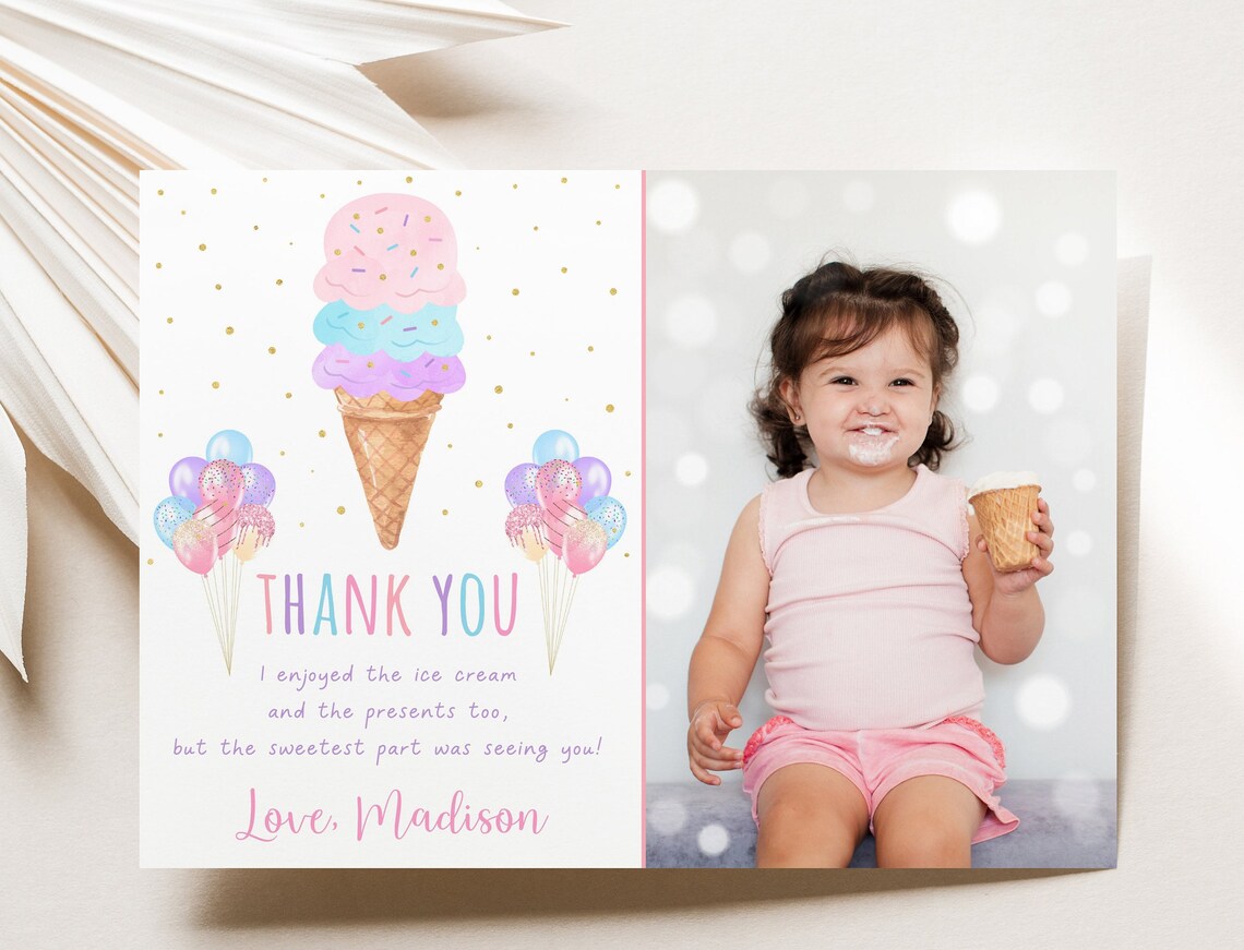 Editable Ice Cream Birthday Thank You Card Sweet One Ice Cream - Etsy