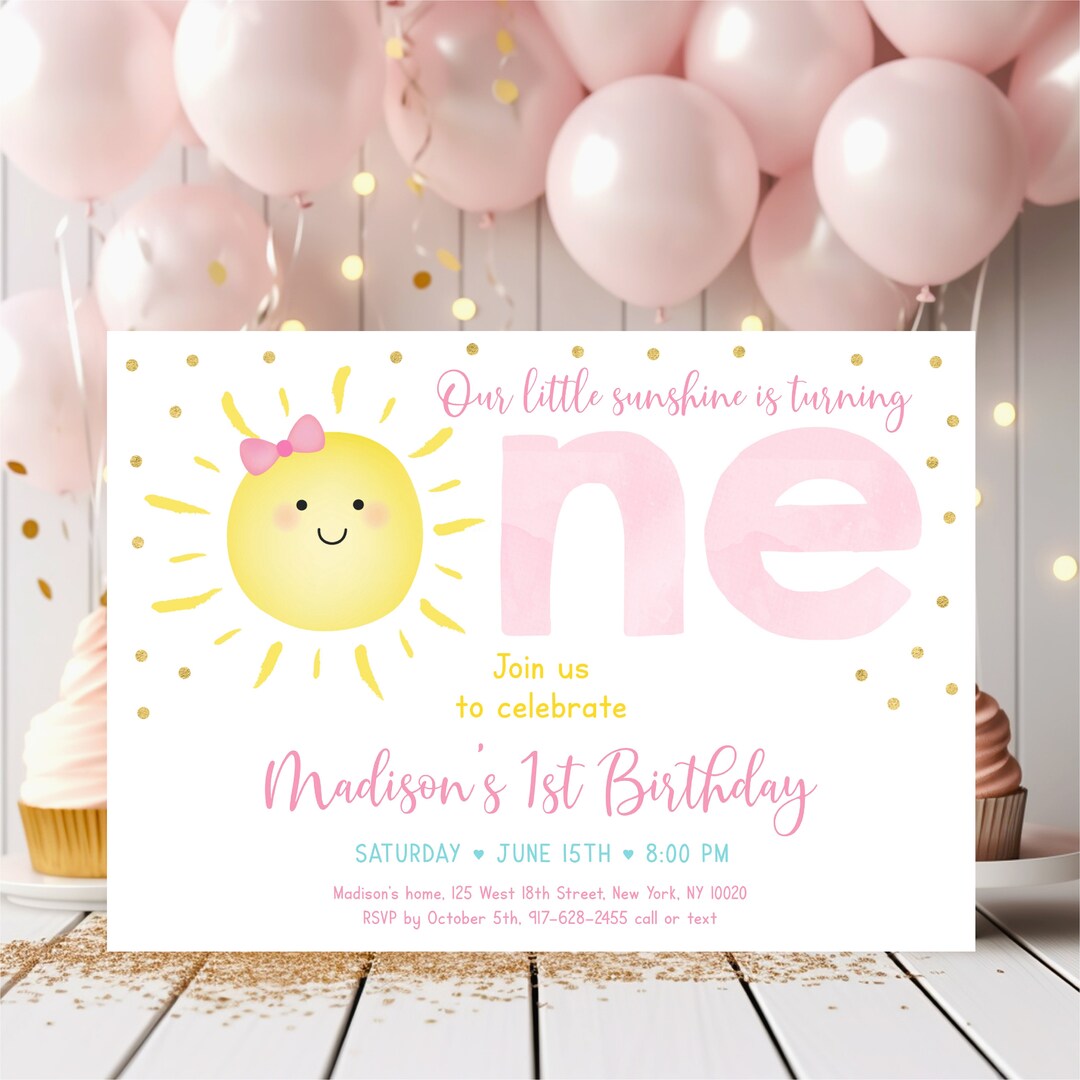 Editable Sunshine First Birthday Invitation Girl Sunshine Party Pastel ...