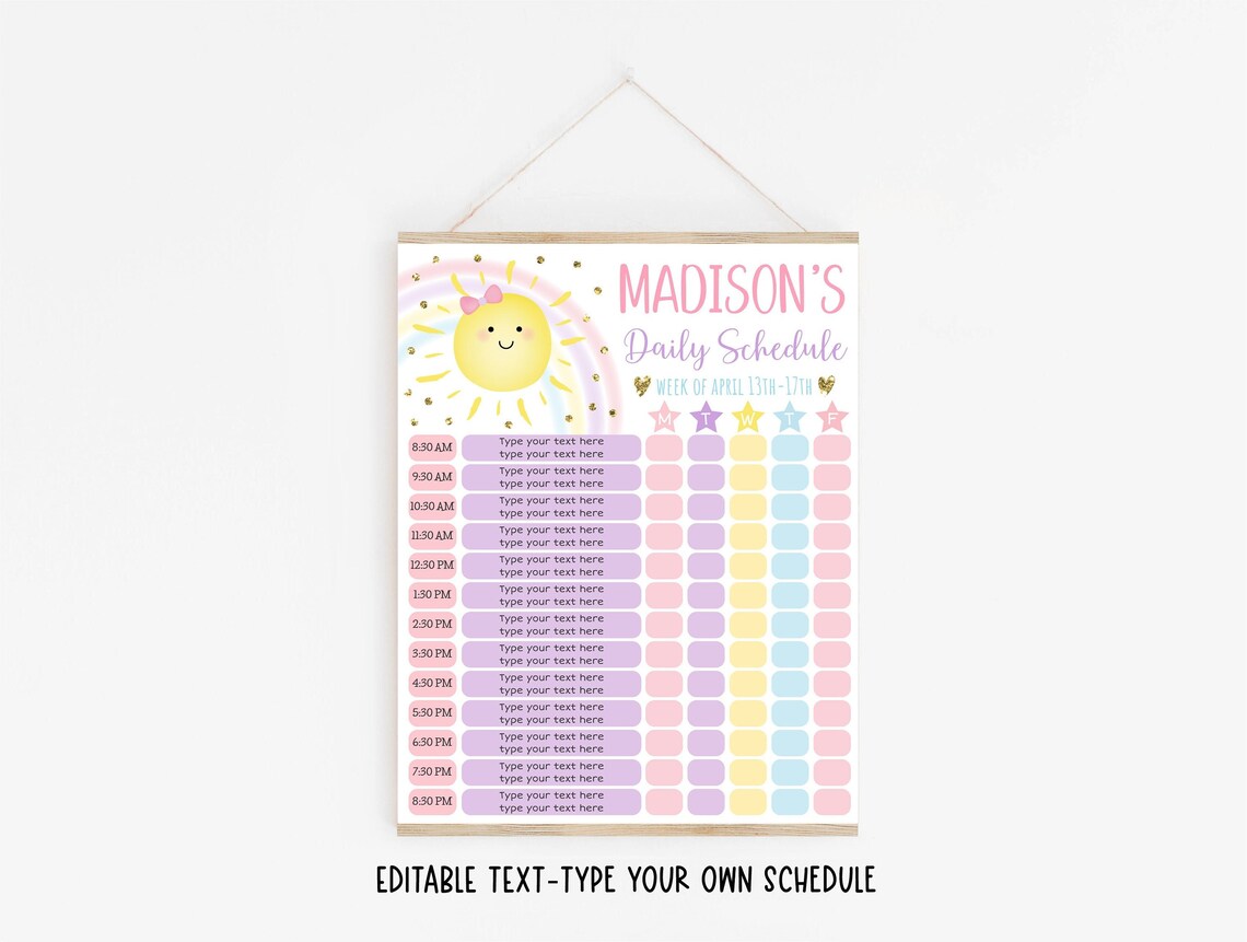 Editable Home School Schedule Sunshine Rainbow Girls Daily - Etsy
