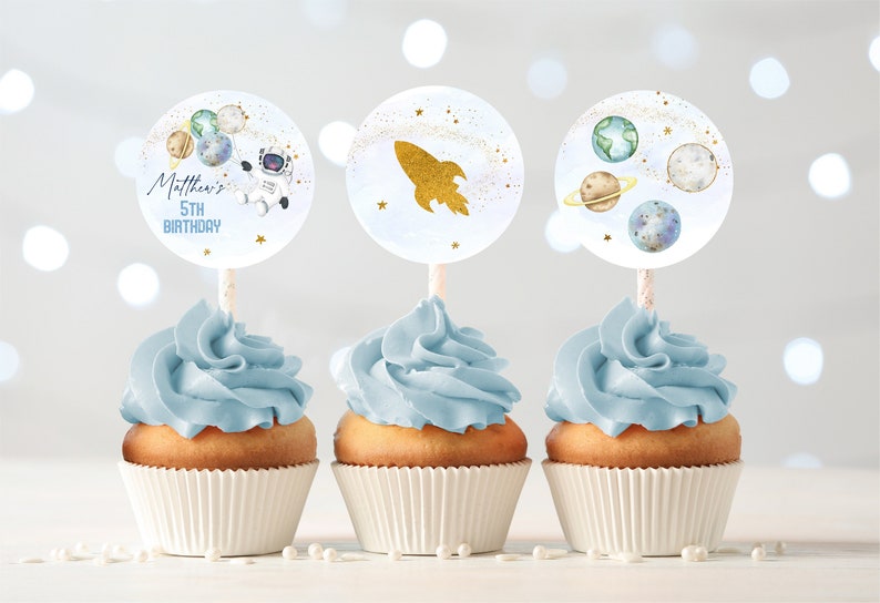 Editable Astronaut Cupcake Toppers Blue Gold Astronaut Galaxy - Etsy