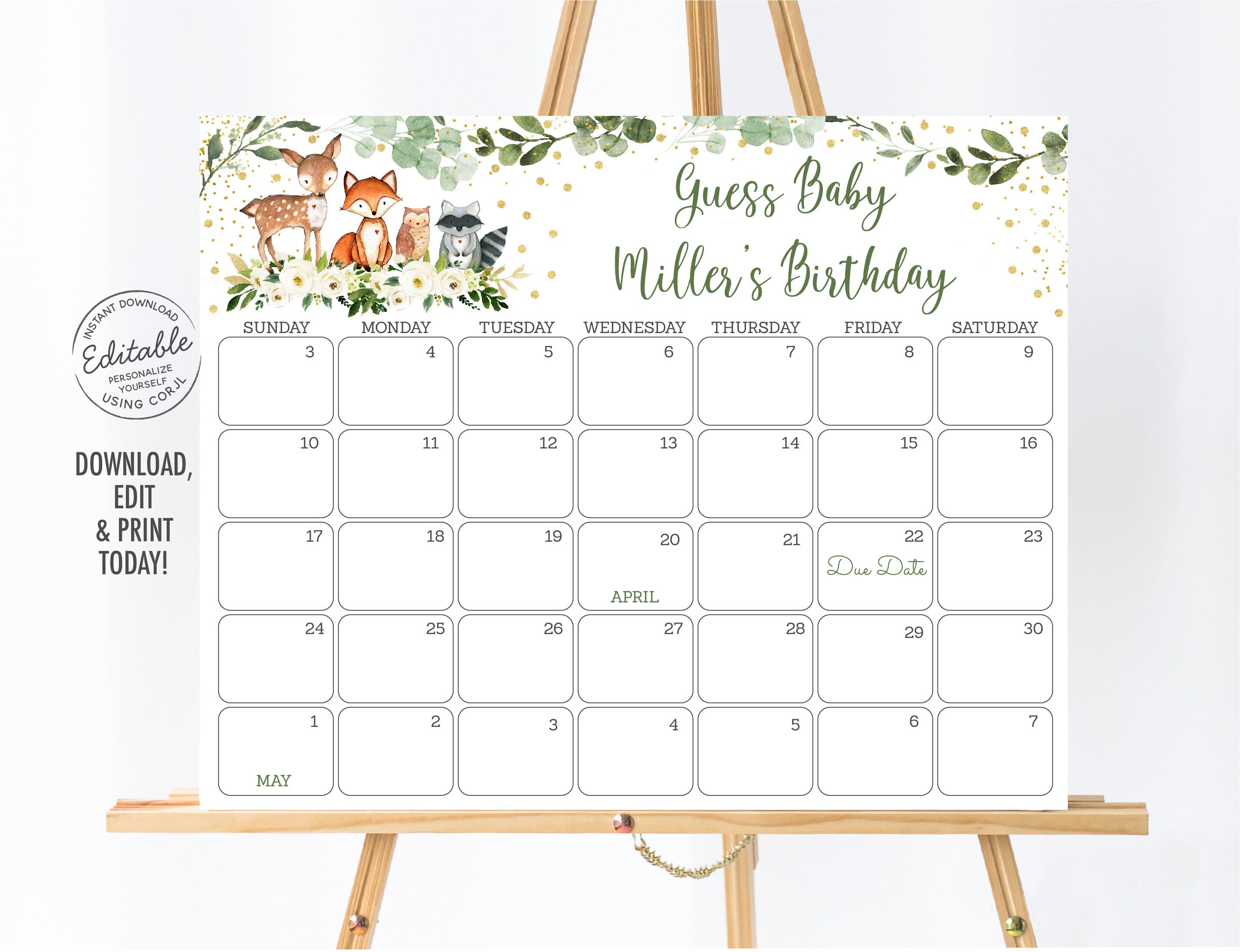 EDITABLE Woodland Birthday Predictions Calendar Woodland Baby - Etsy