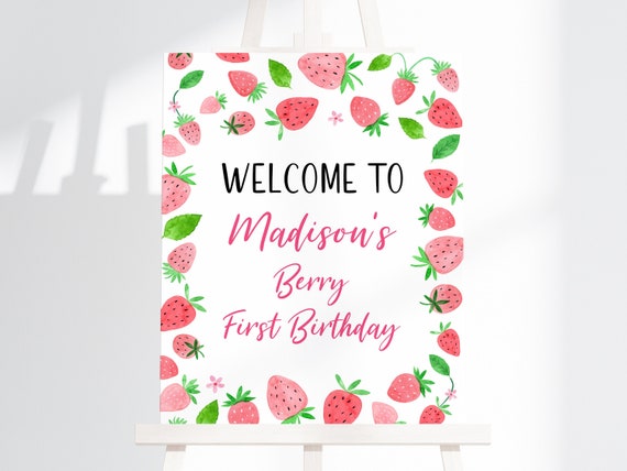 Editable Strawberry Birthday Welcome Sign Strawberry Party | Etsy
