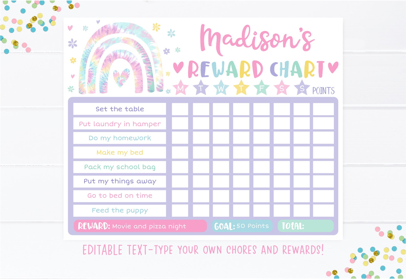 Editable Rainbow Tie Dye Reward Chart Tie Dye Behavior Chart | Etsy
