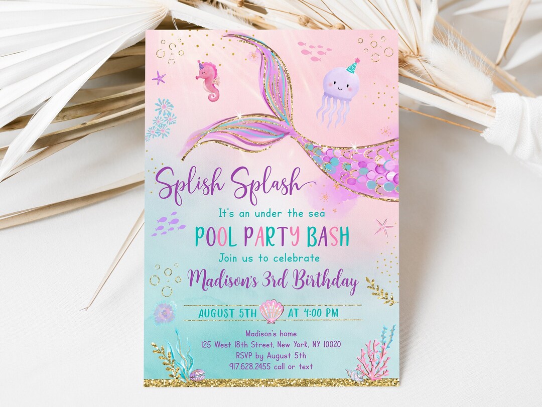 Editable Mermaid Pool Party Under the Sea Birthday Invitation - Etsy