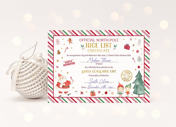 Editable Santa Claus Official Nice List Certificate Christmas Nice List ...