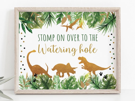 Watering Hole Dinosaur Birthday Sign, Dinosaur Birthday Party, Gold ...