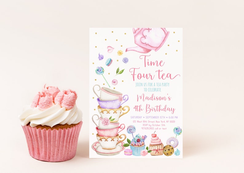 Editable Tea Party 4th Birthday Invite Time FOUR Tea Birthday - Etsy